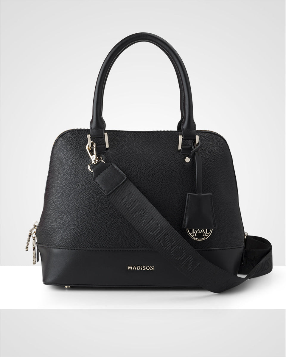 Madison Grace Medium Dome Satchel Bag + Monogram Bag Strap - Black + Black – Madison Accessories
