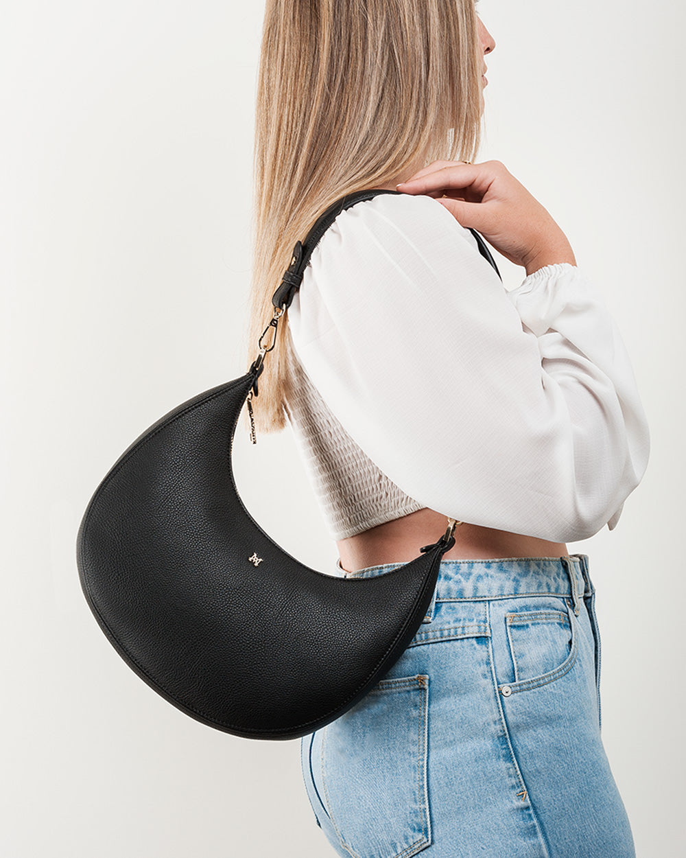 Madison Pia Cresent Shoulder Bag with Crossbody Strap + Plait Strap - Black + Black – Madison ...