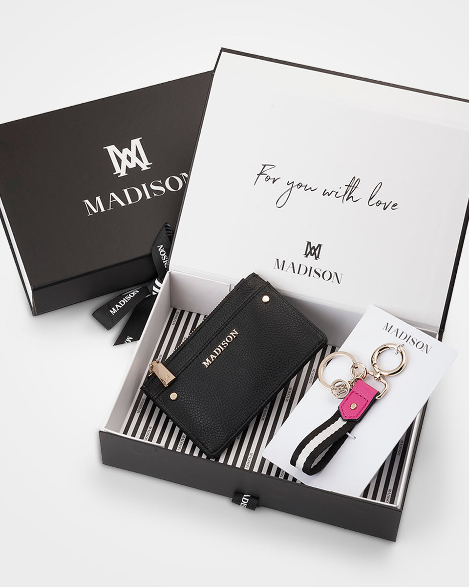 Madison Cardholder Wallet & Stripe Keychain Giftbox - Black + Hot Pink ...