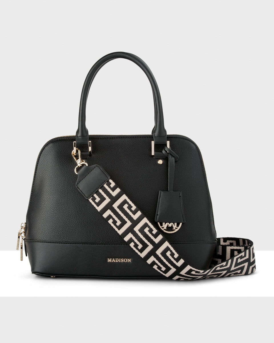 Madison Grace Medium Dome Satchel Bag + Graphic Strap - Black + Black ...