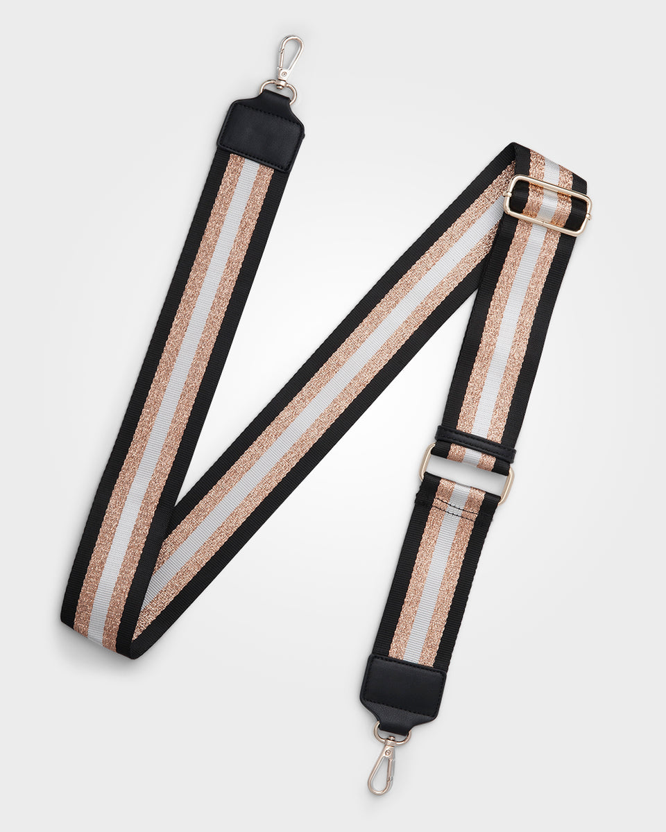 Madison Metallic Stripe Bag Strap - Black / Black, White & Rose Gold ...