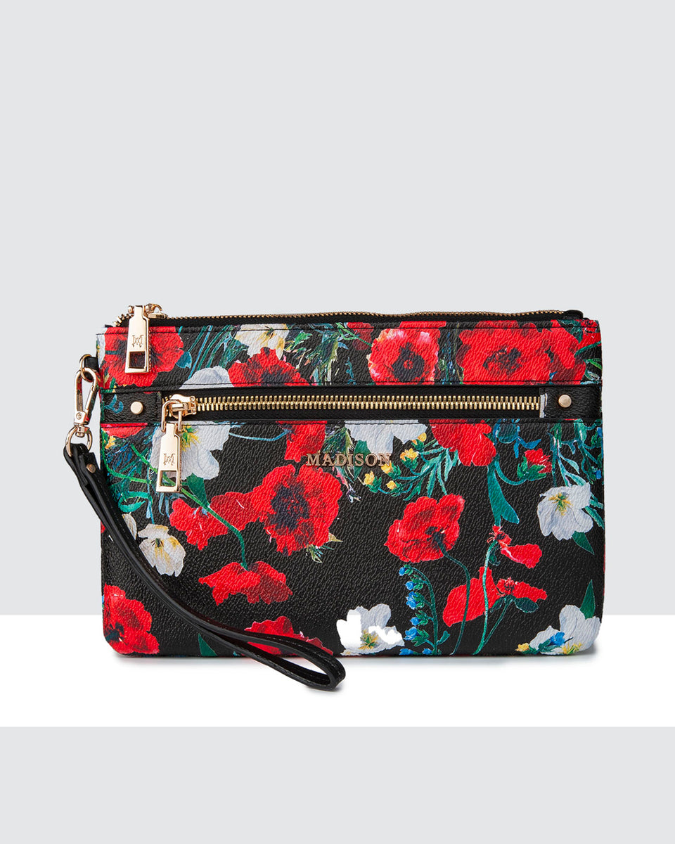 Madison Eliza Large Zip Pouch with Wrist Strap - Black Poppy Print ...