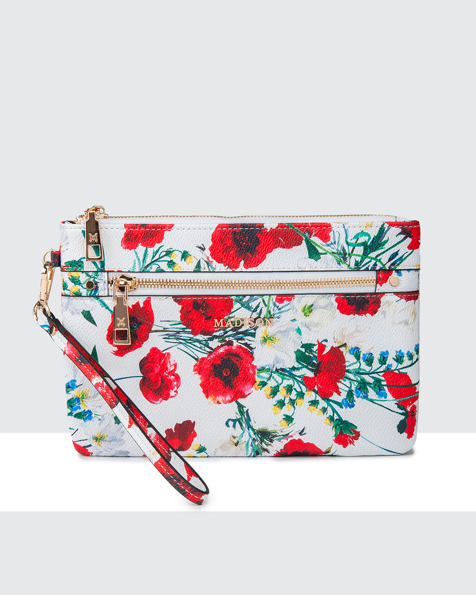 Madison Eliza Large Zip Pouch with Wrist Strap - White Poppy Print ...
