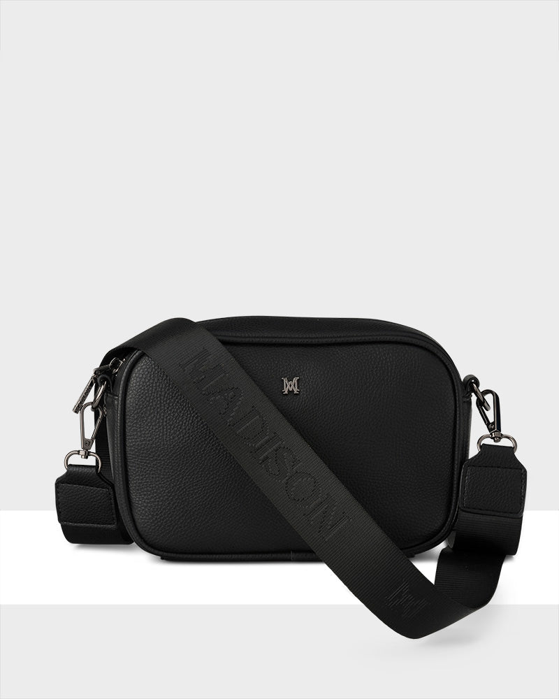 Madison Monica Camera Crossbody Bag & Monogram Bag Strap in Black ...